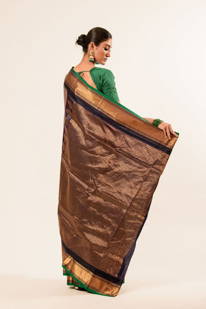 Pink Pure Gadwal Silk Saree with Green Zari Border and Butas – Anvi Couture